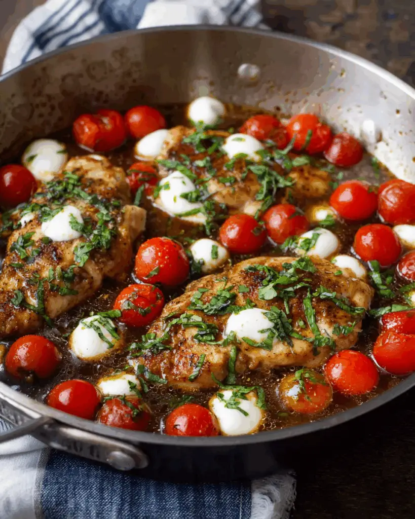 Juicy Seared Chicken with Mozzarella, Tomato & Basil in Balsamic Pan Sauce