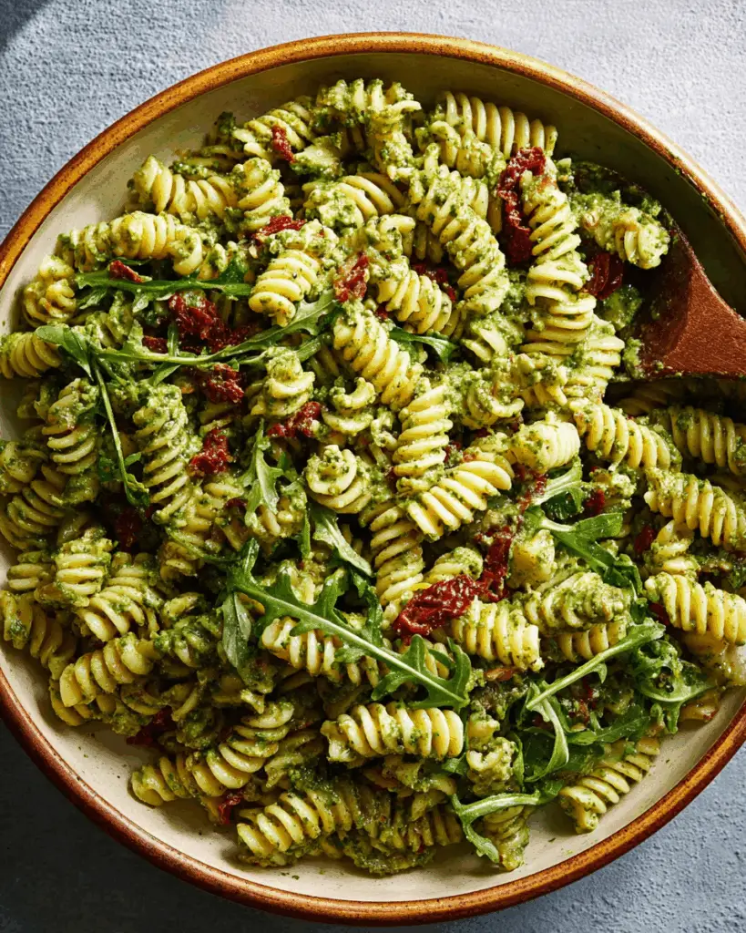 Creamy Radiatori Pasta with Pesto, Arugula & Sun-Dried Tomatoes
